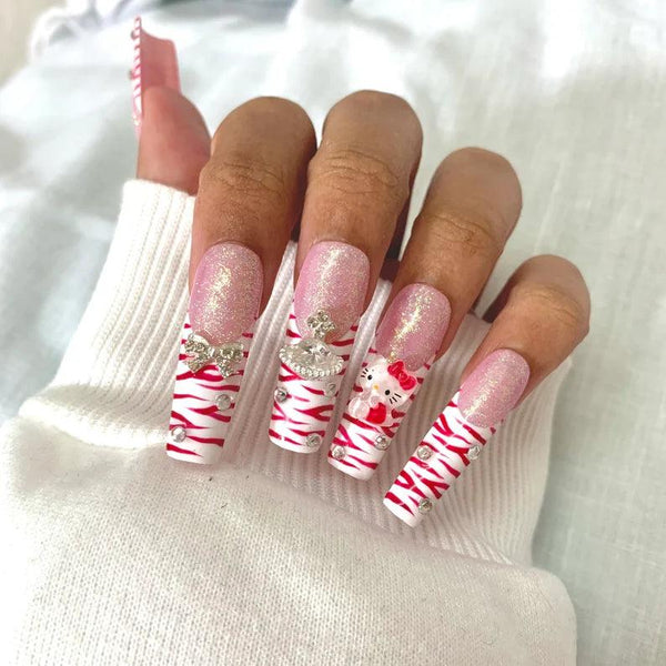 Y2K Blood Zebra Print Kitty Charm French Tip Reusable Press On Nails