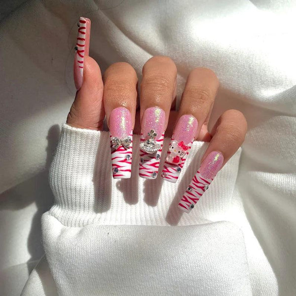 Y2K Blood Zebra Print Kitty Charm French Tip Reusable Press On Nails